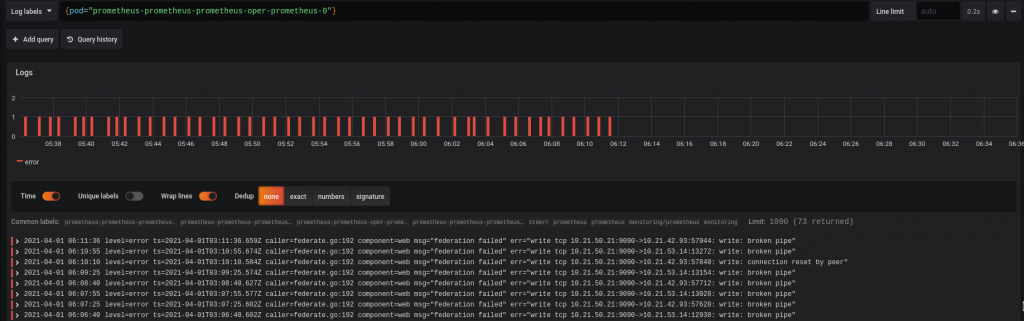 Prometheus: ошибки «federation failed: broken pipe» и «Received SIGTERM, exiting gracefully ...